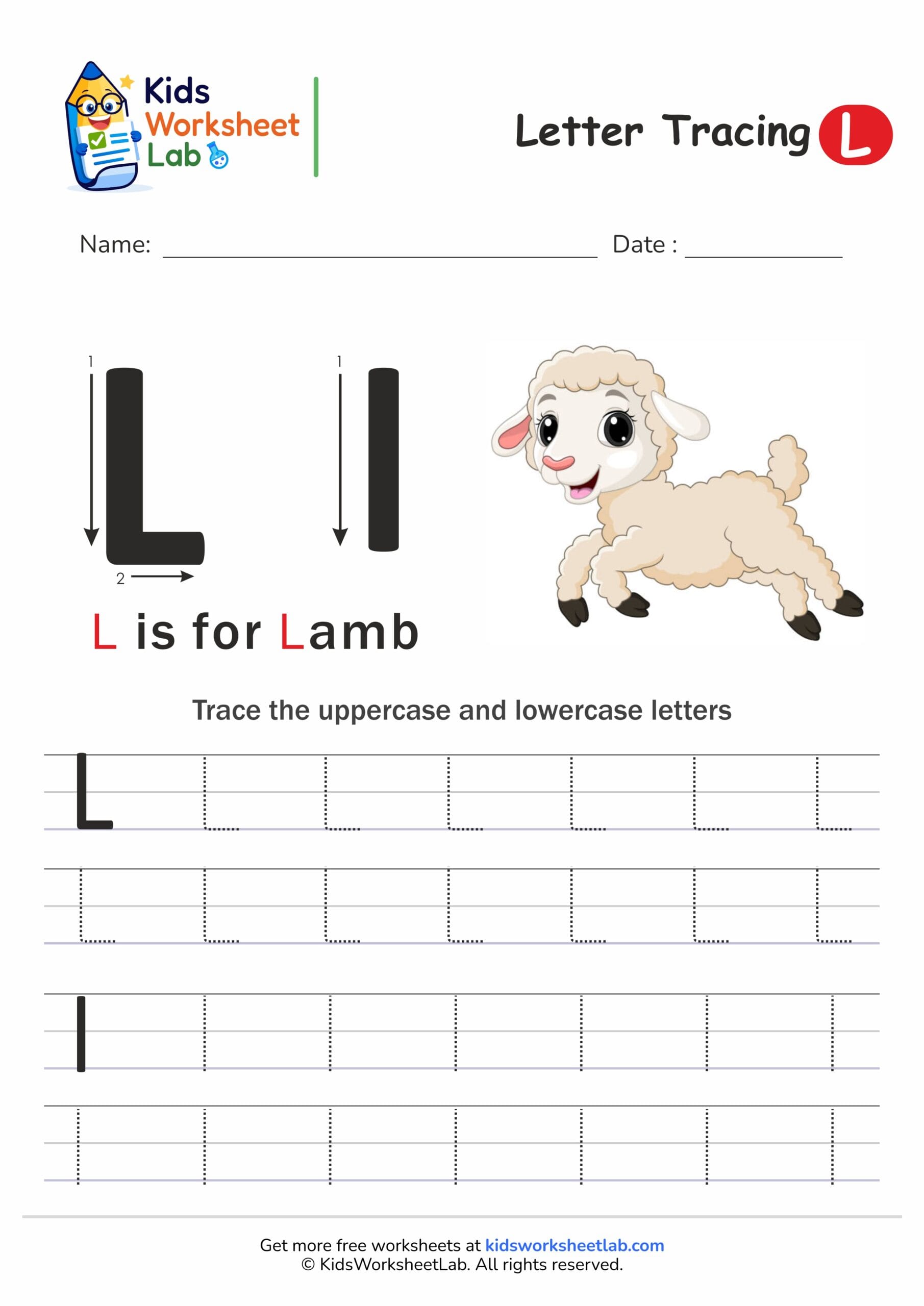 Tracing the Letter L - Kids Worksheet Lab